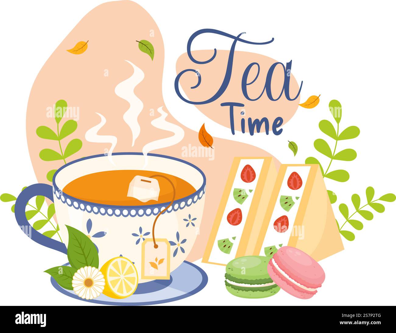Tea Time Vector Illustration with Mug of Hot Drink, Sweet Desserts and ...