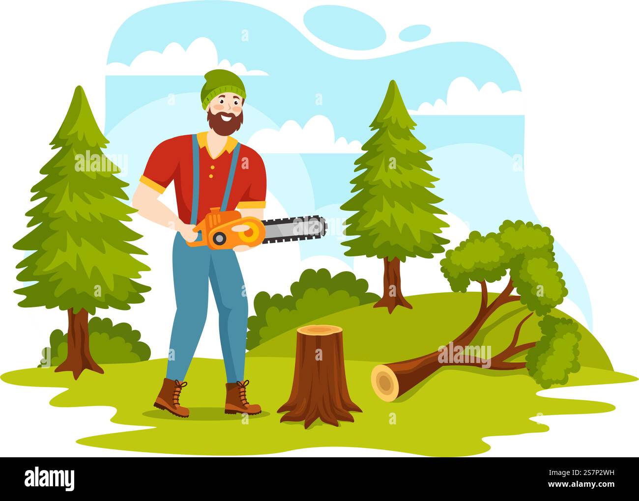 Men Chopping Wood and Cutting Tree with Lumberjack Work Equipment Machinery or chainsaw in Flat ...