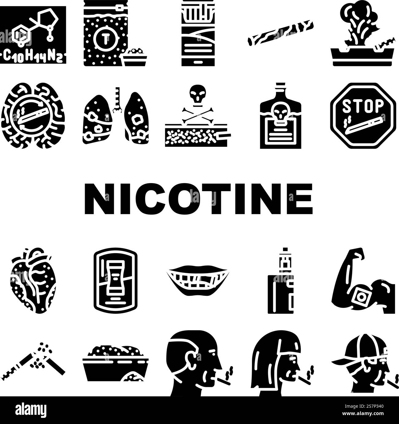nicotine tobacco unhealthy icons set vector. health product, danger ...