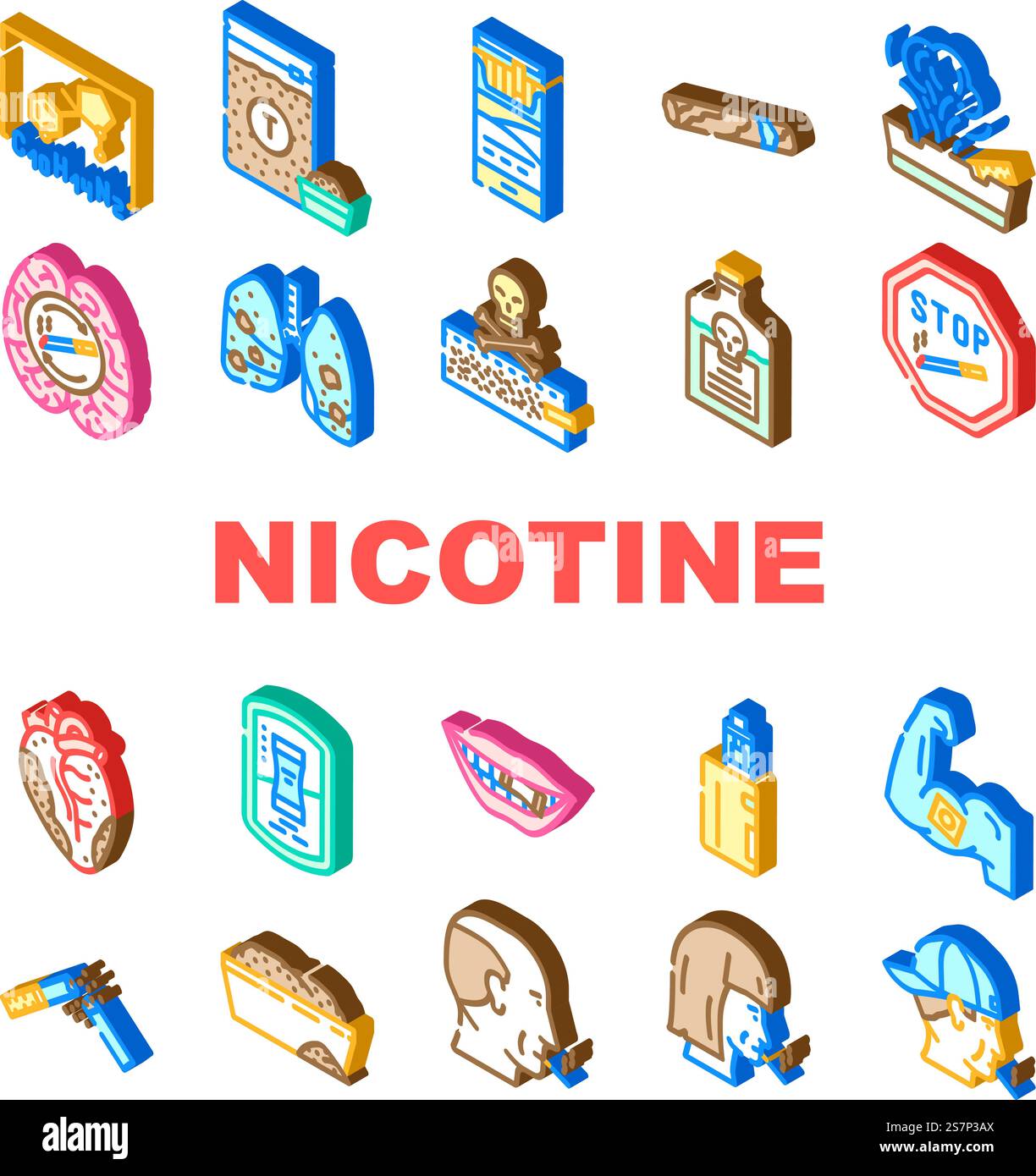 nicotine tobacco unhealthy icons set vector. health product, danger ...