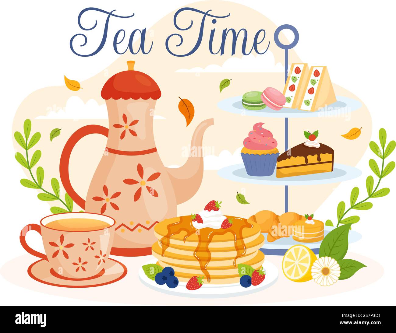 Tea Time Vector Illustration with Mug of Hot Drink, Sweet Desserts and ...