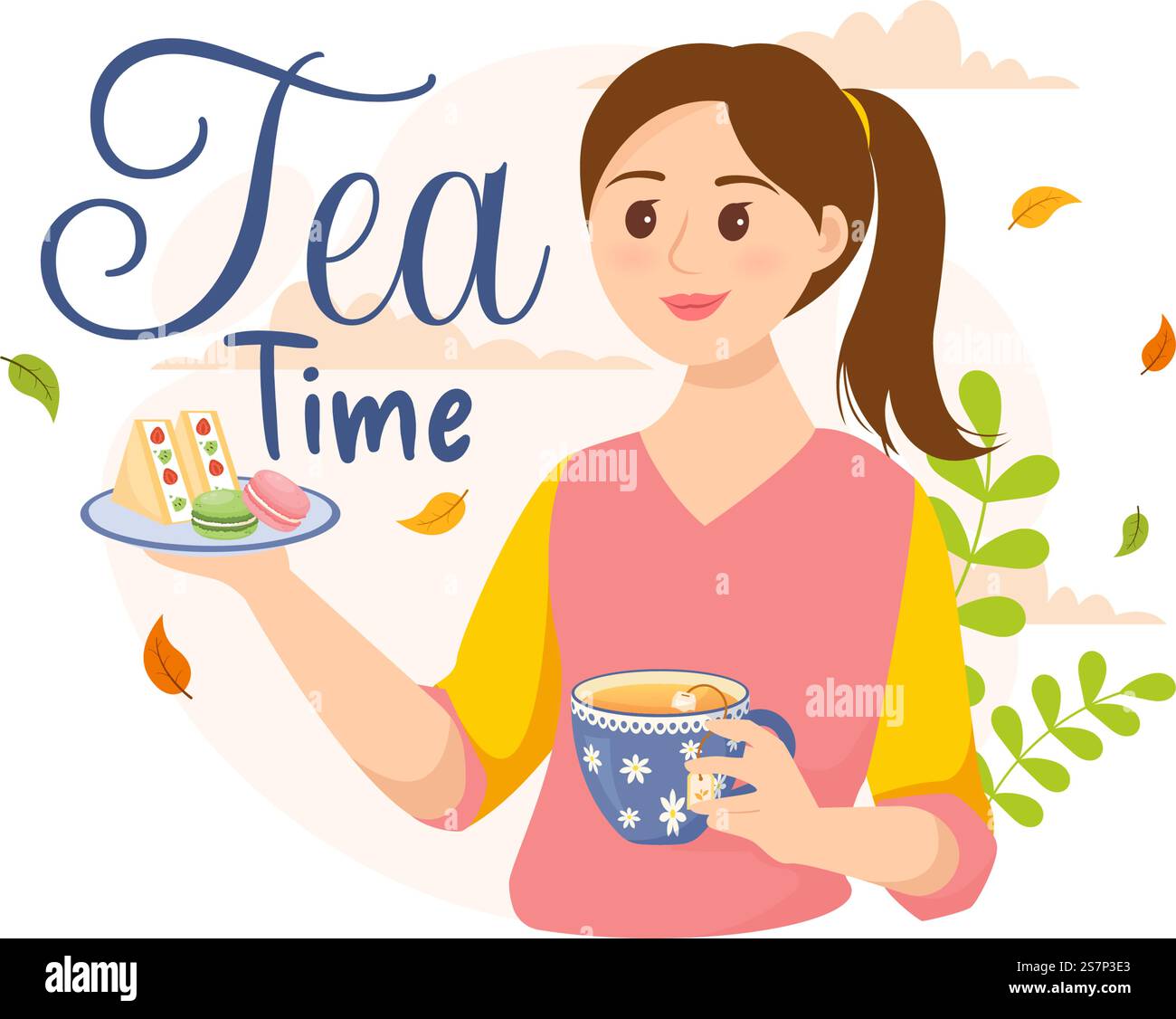 Tea Time Vector Illustration with Mug of Hot Drink, Sweet Desserts and ...