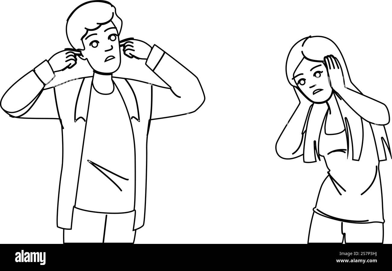 noise plugging ears vector. plug loud, man woman, work avoid noise ...