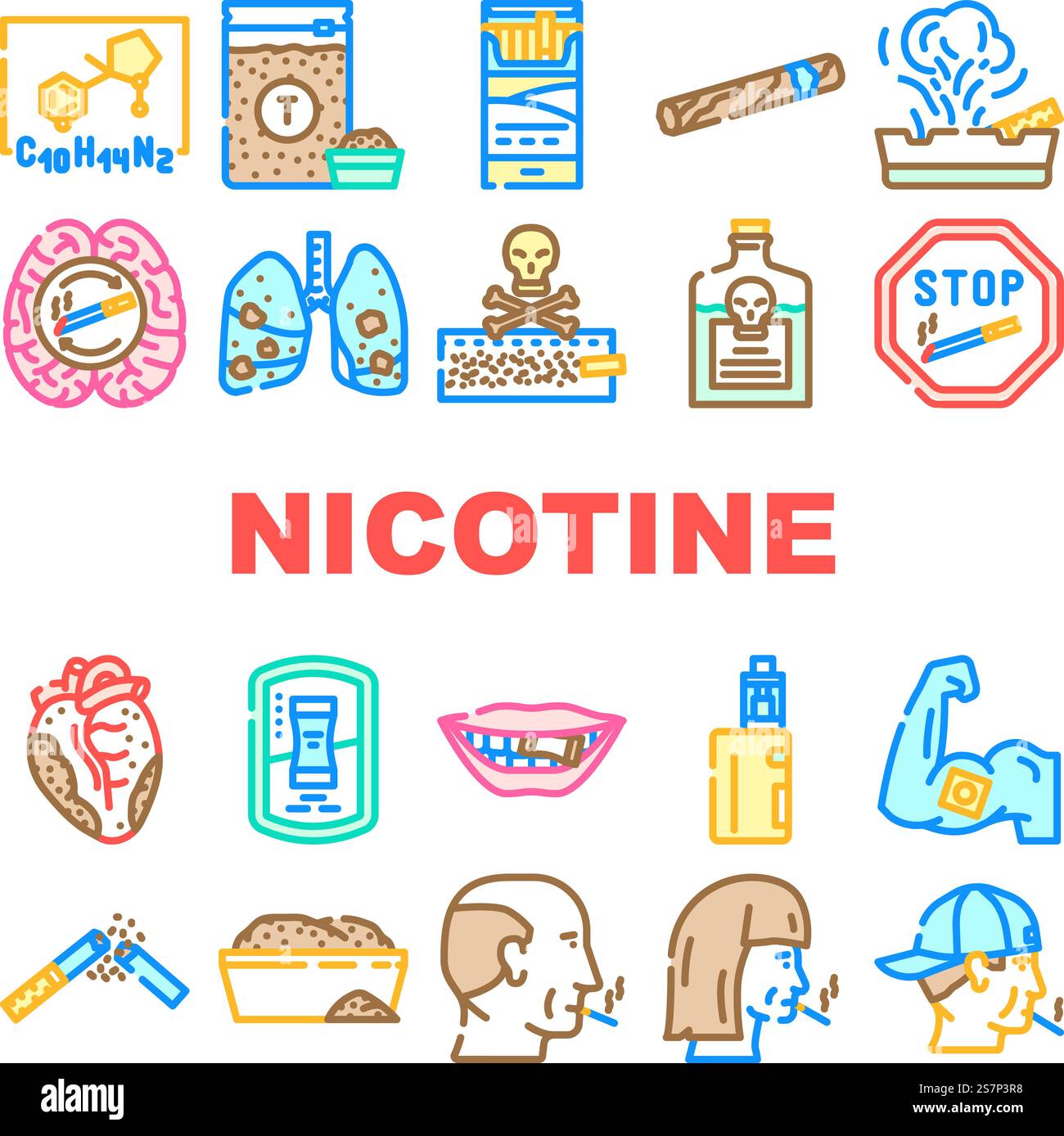 nicotine tobacco unhealthy icons set vector. health product, danger ...