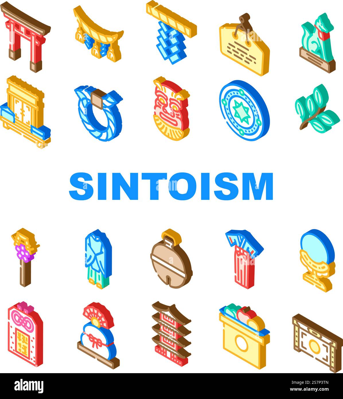 Shinto japan shrine travel icons set vector temple worship hi-res stock ...