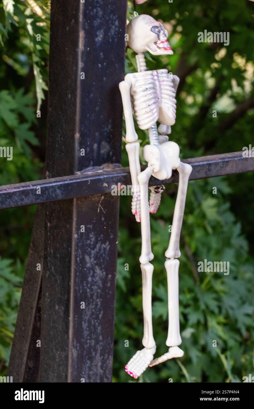 A skeleton is hanging from a bridge rail. The skeleton is white and has ...