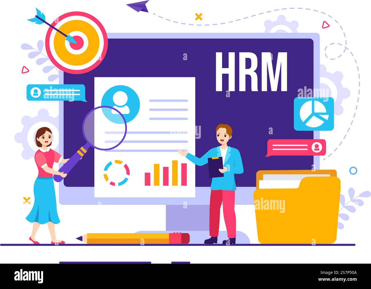 HRM Human Resource Management Vector Illustration with System Managing Company Employee for ...