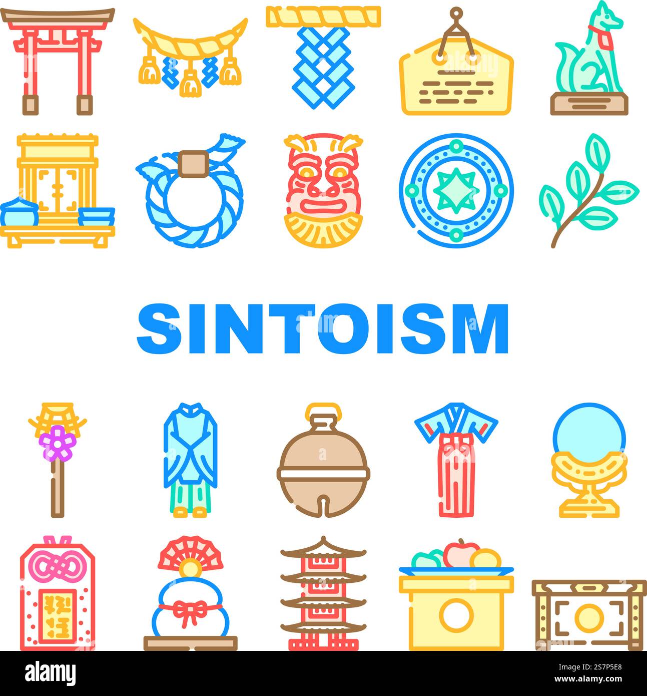 shinto japan shrine travel icons set vector. temple worship, asia ...