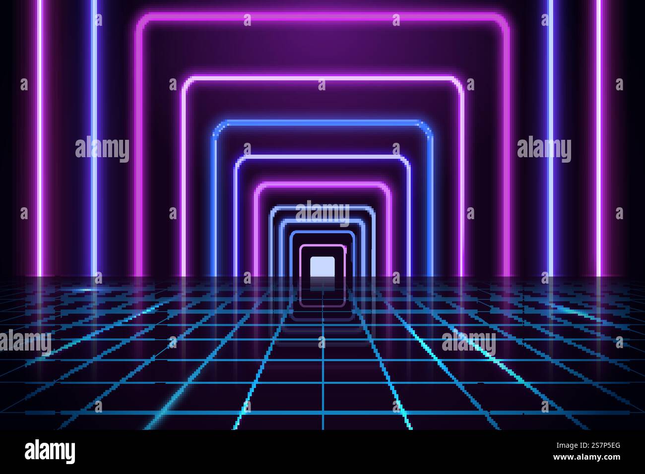 Dark background with glowing neon rectangles and perspective grid ...
