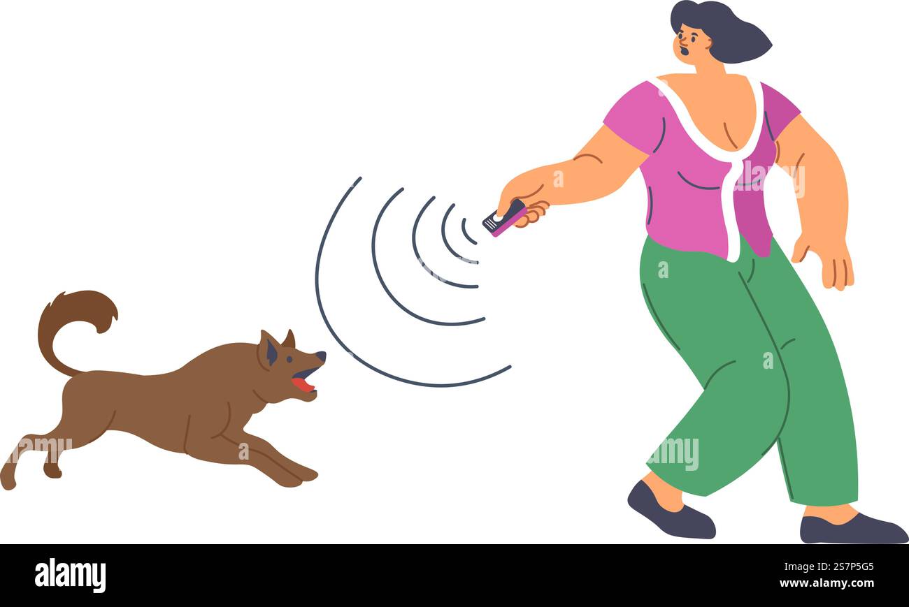 Female character using special device against street or stray dogs at ...