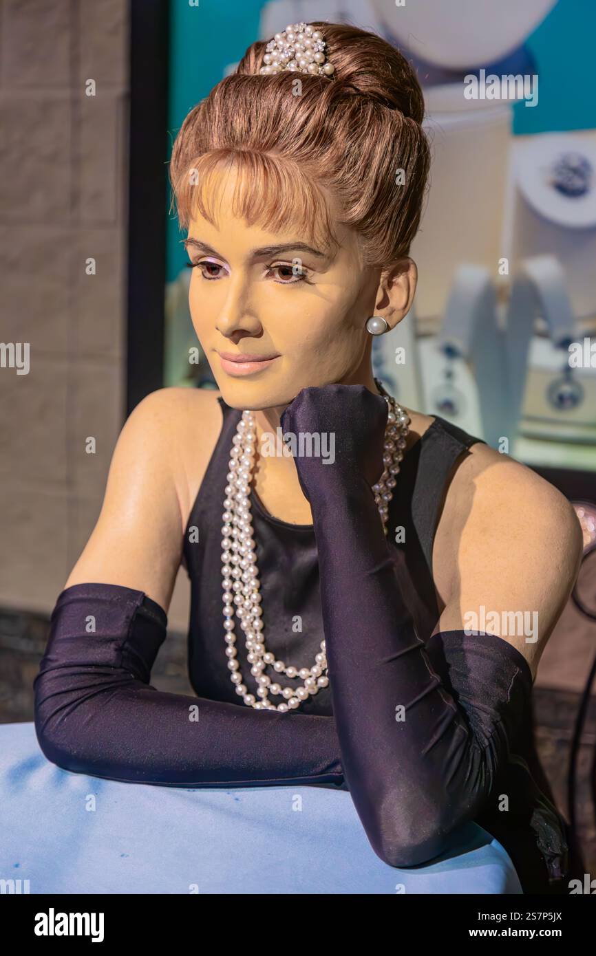 A wax figure representing actress Audrey Hepburn as Holly Golightly at ...