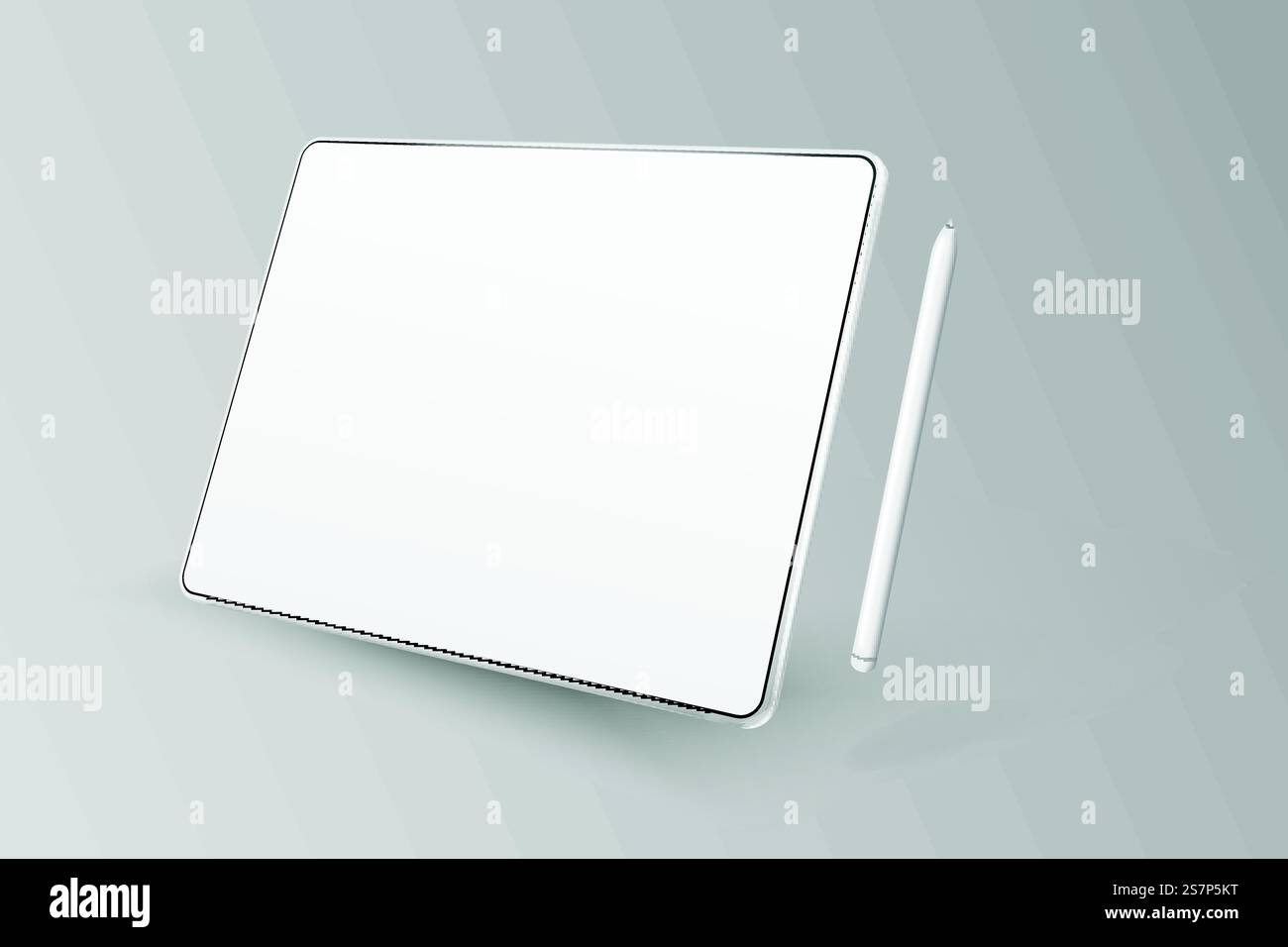 Empty tablet and pen on a light background, rotated position. Device in perspective view. Tablet ...