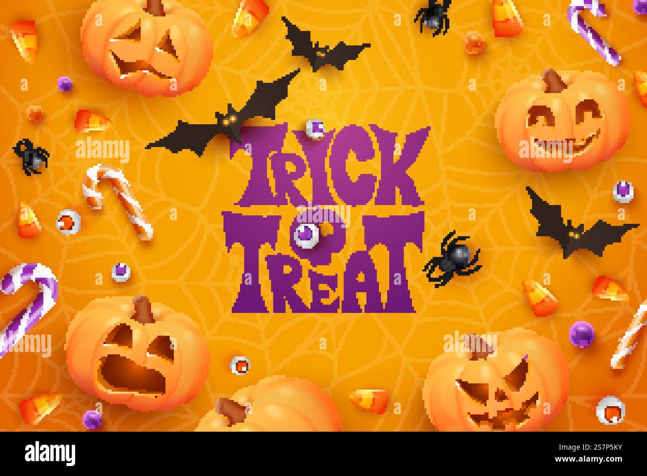 Halloween poster with candies, spiders, bats and pumpkins on violet ...