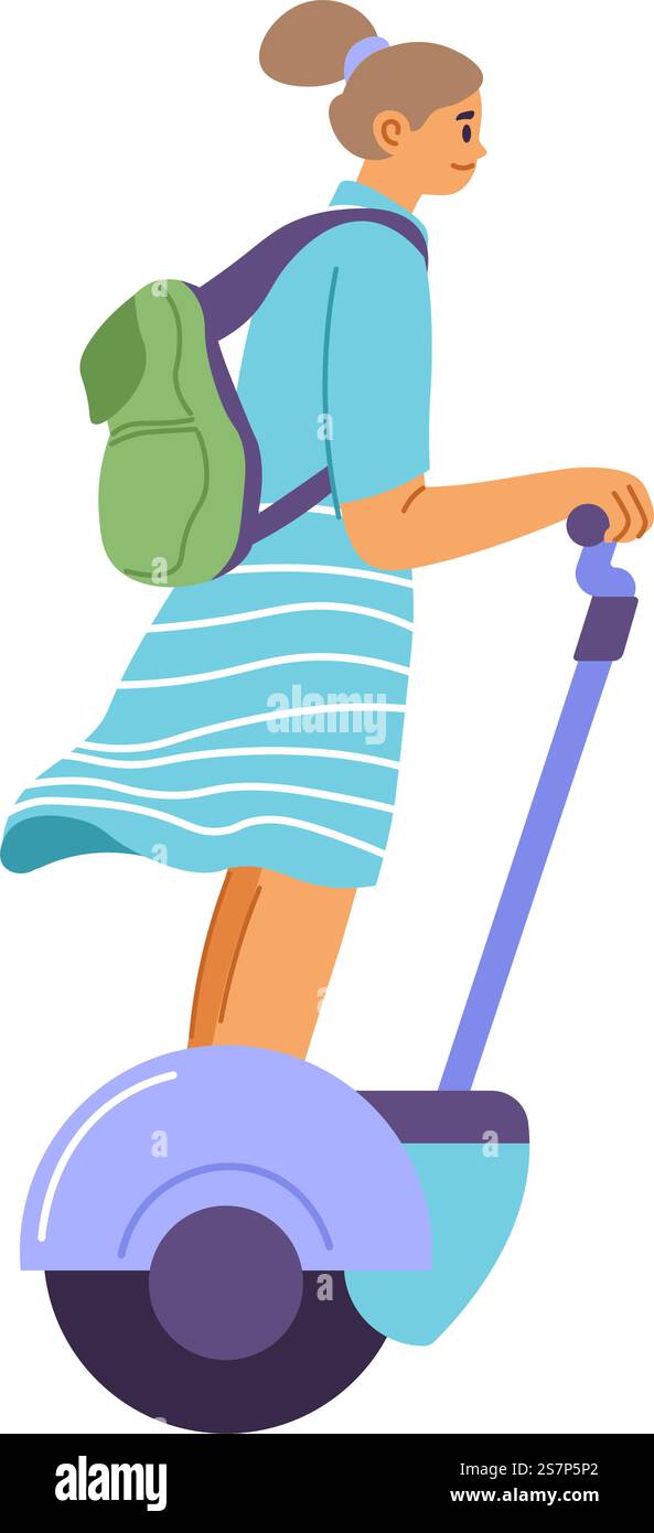Woman using electric unicycle to commute, isolated female character ...