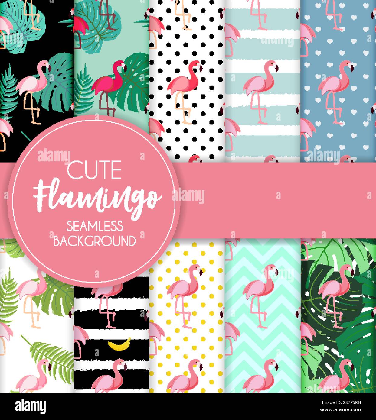 Cute Retro Seamless Flamingo Pattern Collection Set Background Vector Illustration EPS10. Cute ...