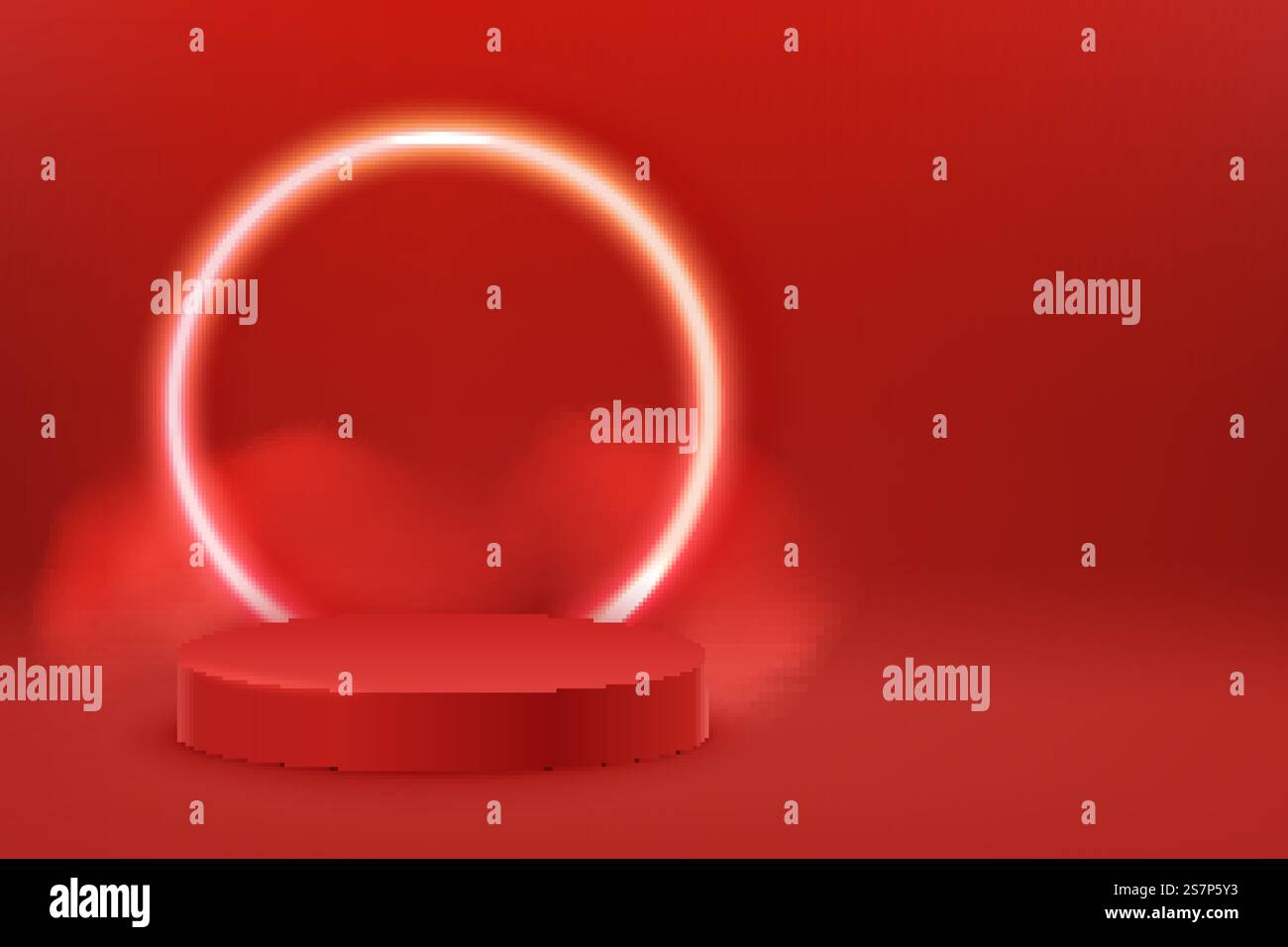 Red podium with glowing round frame. Glowing lighting and smoke loops ...
