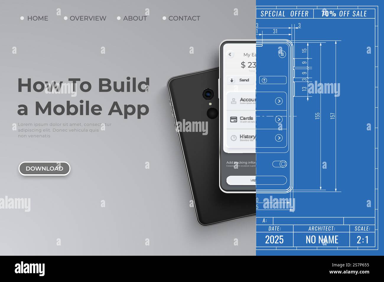 A technical drawing of a phone with a mobile application and a ...