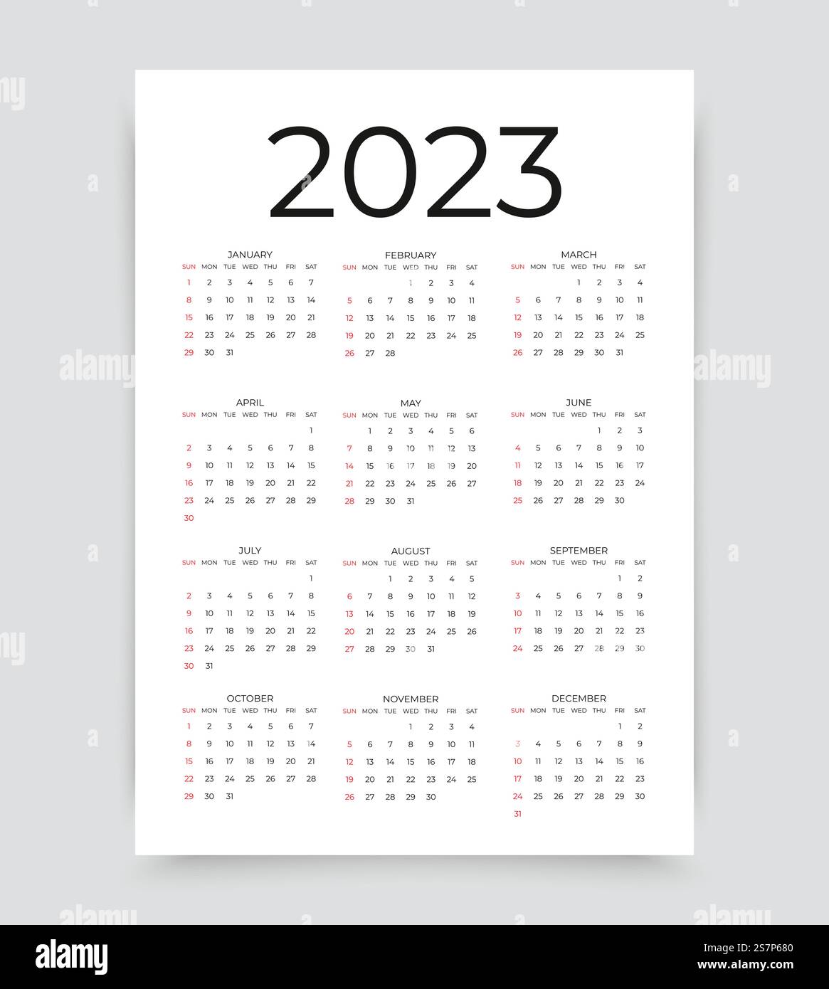 2023 calendar. Pocket calender layout. Week starts Sunday. Yearly ...