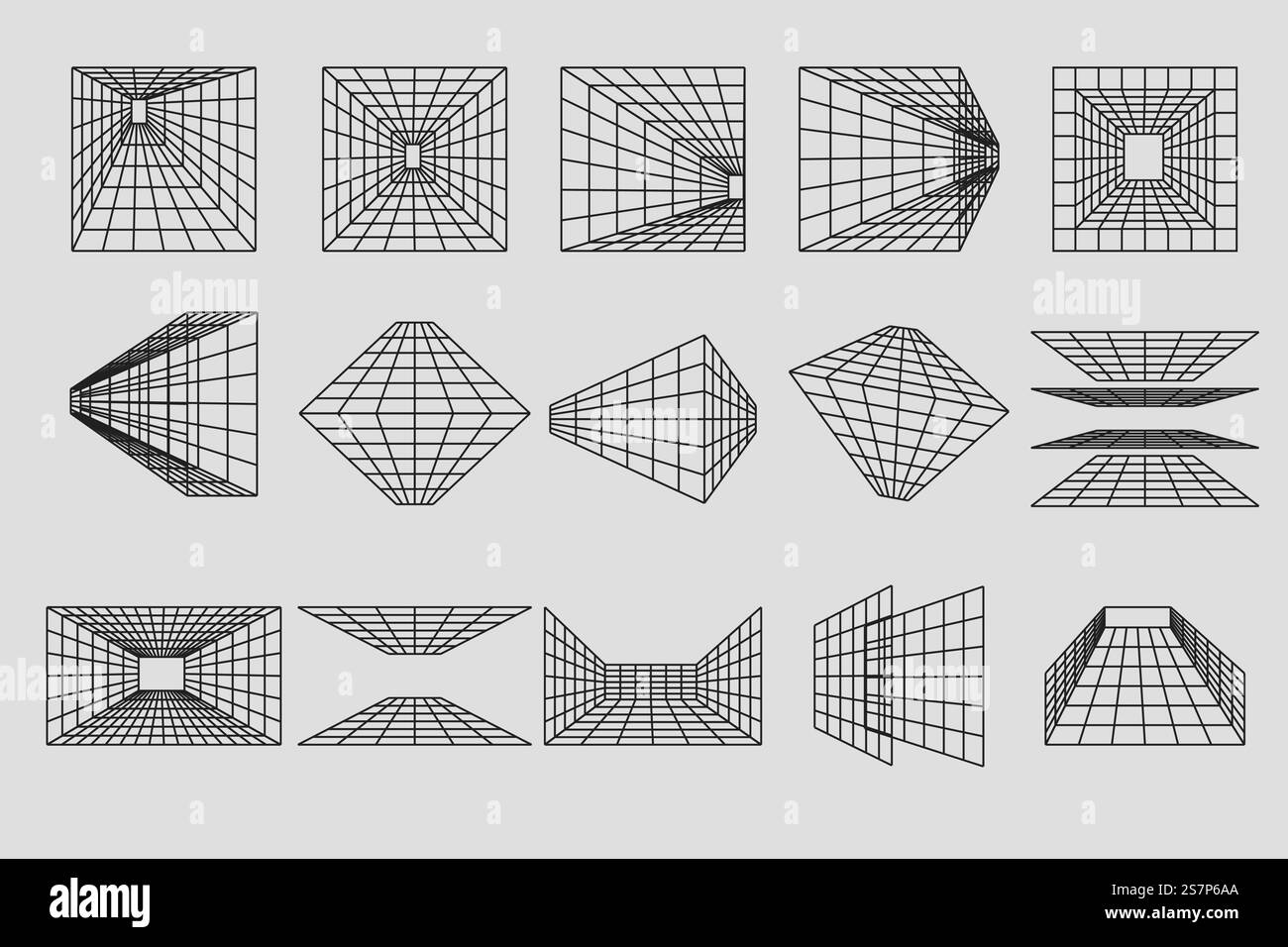 Wireframe geometric shapes in different phormes. Abstract 3d grid ...