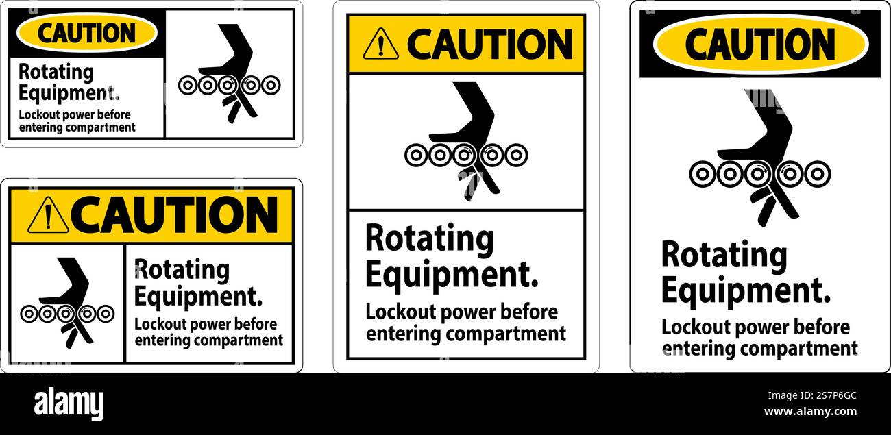Caution First Sign, Rotating Equipment, Lockout Power Before Entering ...