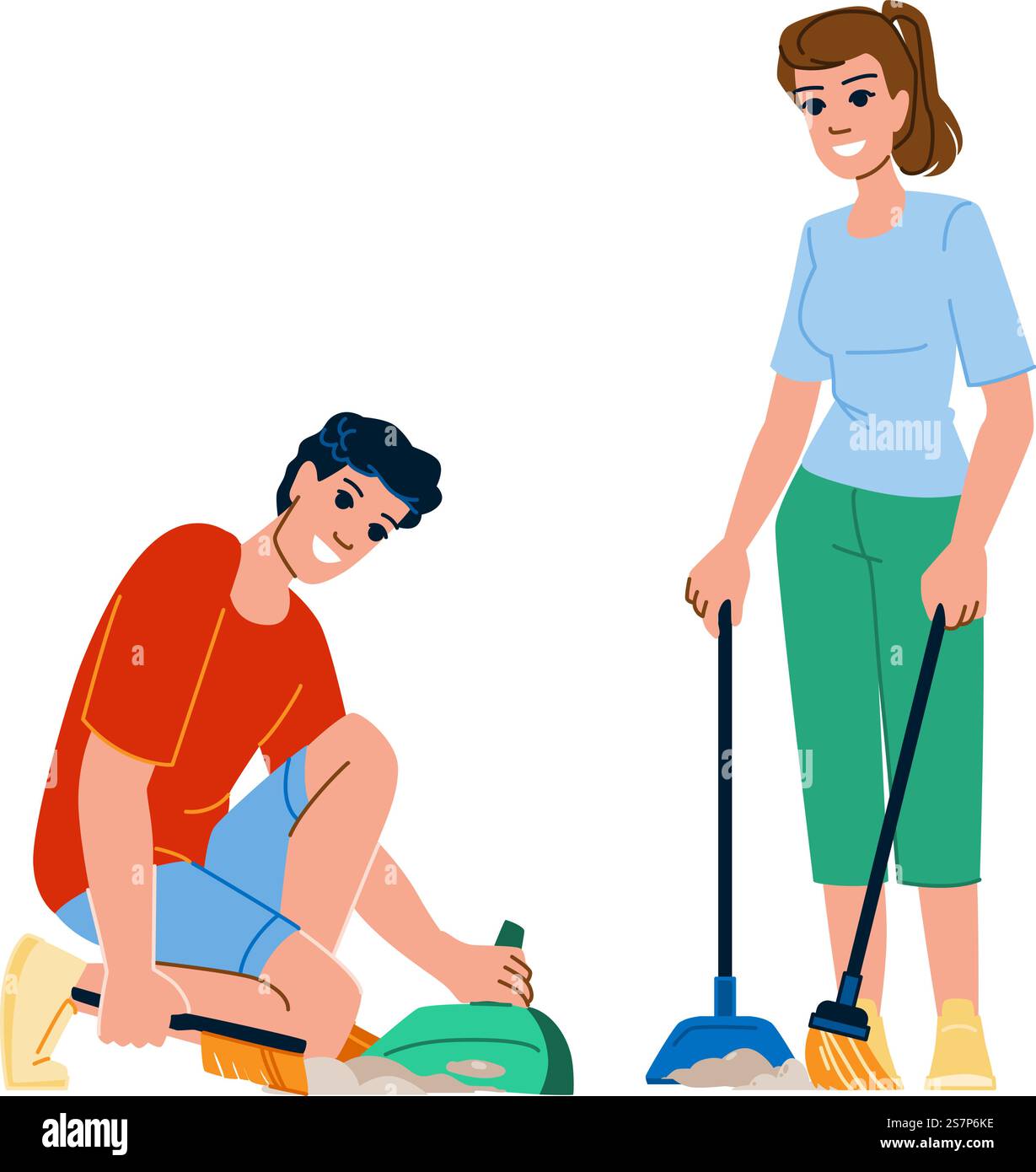 broom sweeping floor vector. person domestic, work dust, housekeeping ...
