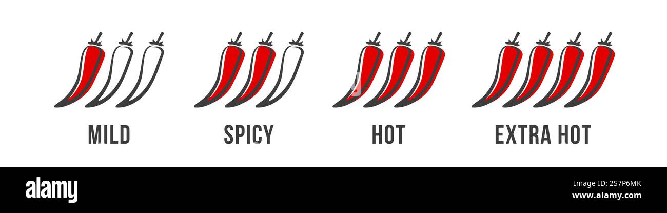 Pepper icons, chili spicy hot levels of chilli medium to red hot ...