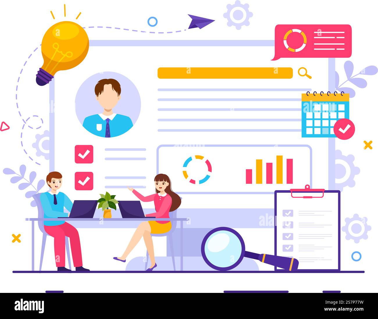 HRM Human Resource Management Vector Illustration with System Managing Company Employee for ...