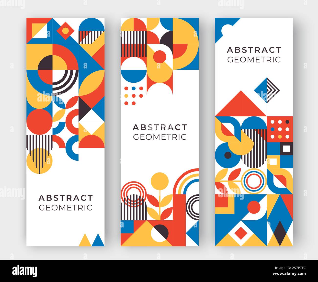 Bauhaus inspired three vertical banners with square figures, shadows ...