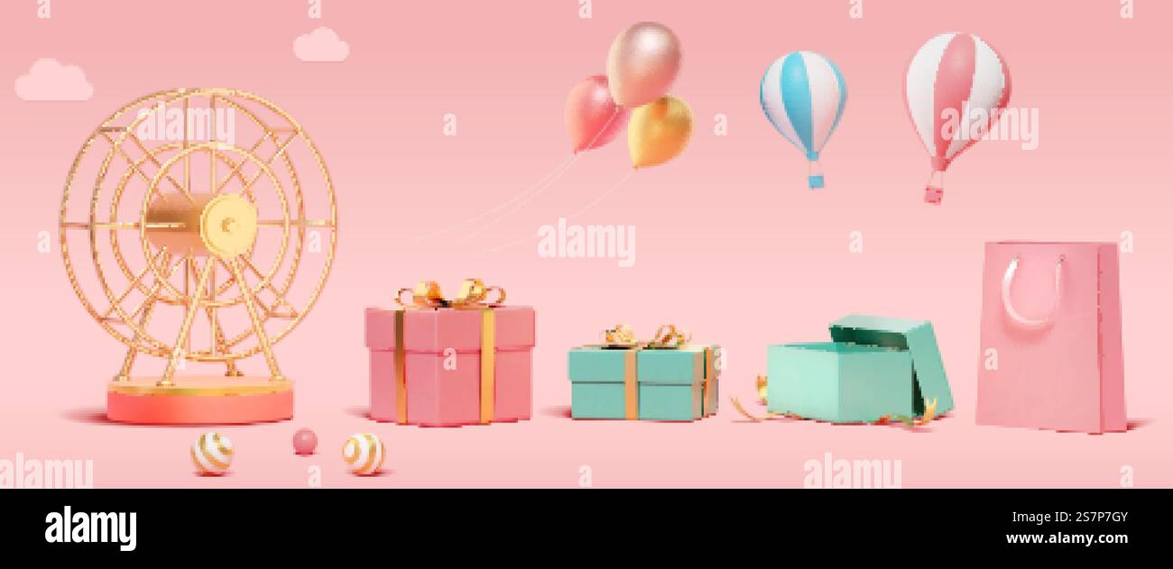 3D rendering Ferris wheel with wrapped giftboxes, unwrapped box, bag ...