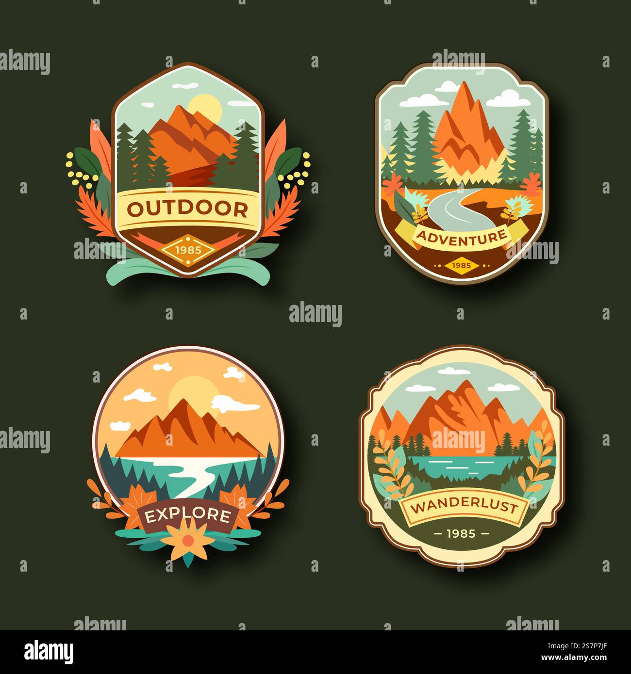 Set of four mountain travel emblems. Camping outdoor adventure emblems ...