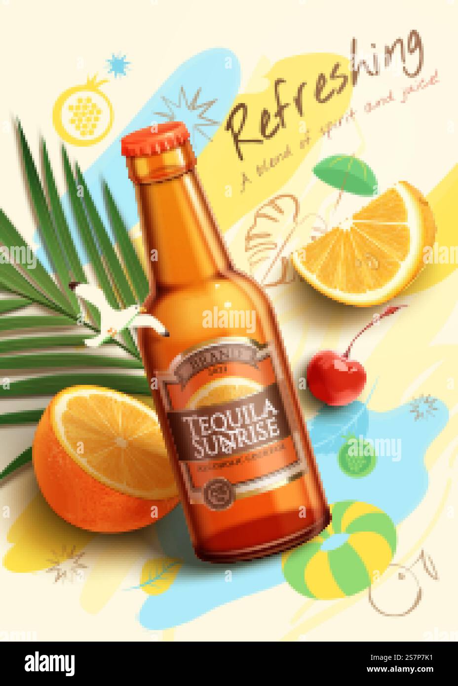 3d fruit beer or tequila sunrise ad template. Top view of brown glass ...