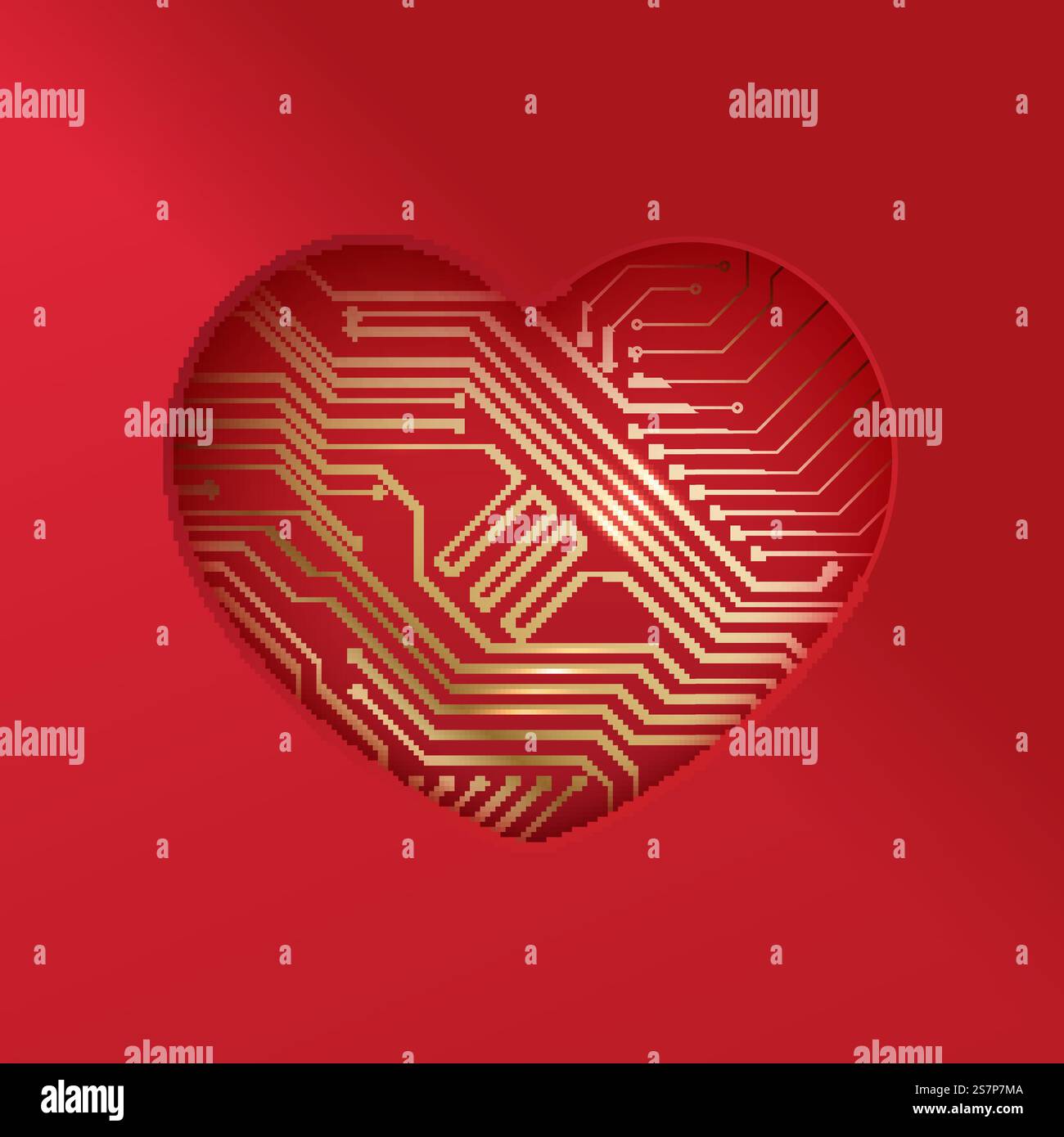 Background with heart shaped hole and electrical circuit board. Virtual ...