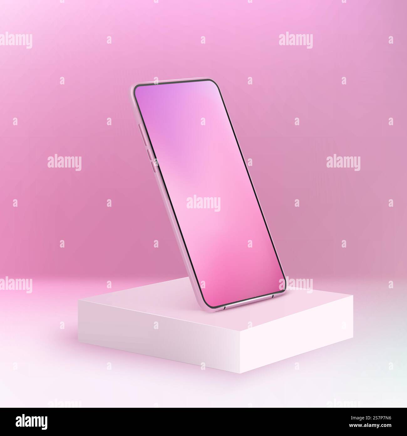 Pink realistic smartphone mockup on square podium. 3d mobile phone with ...