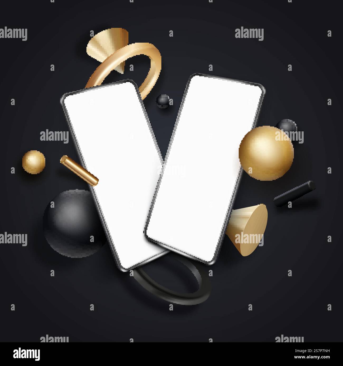 Two white realistic smartphone mockup with flowing realistic geometry ...