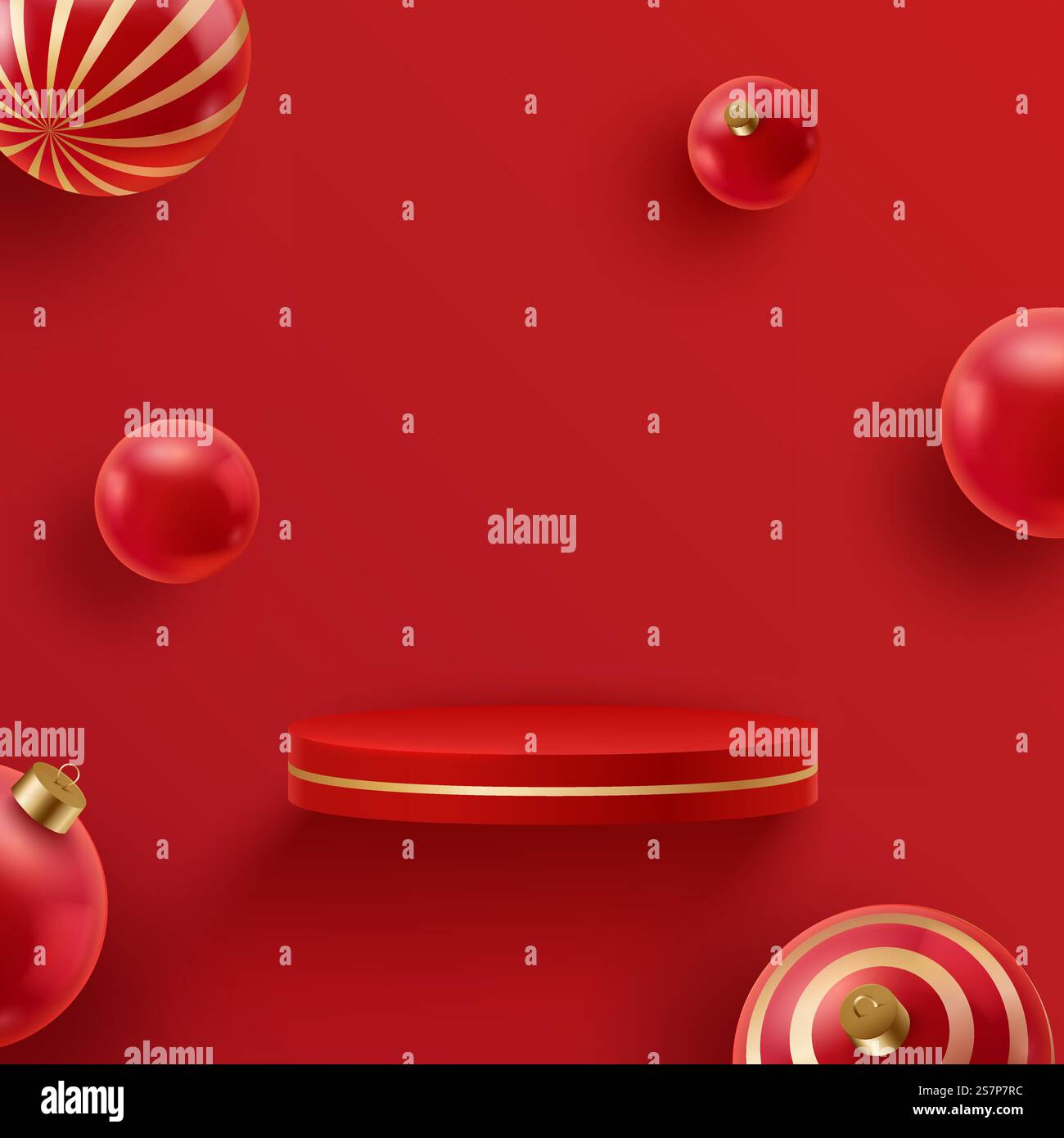 Christmas red flying podium with festive decorations. Christmas and new ...