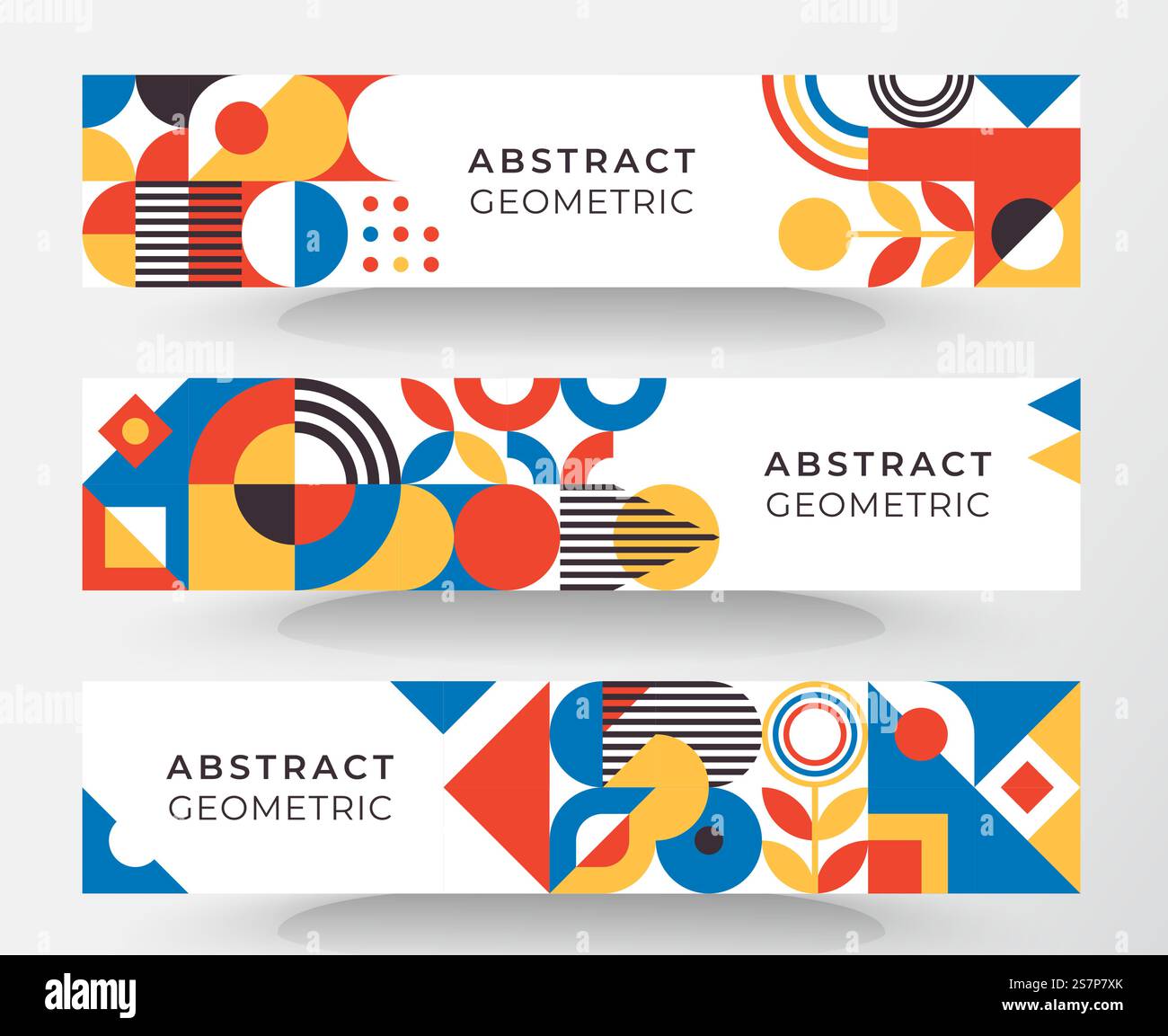 Bauhaus inspired three horizontal banners with square figures, shadows ...