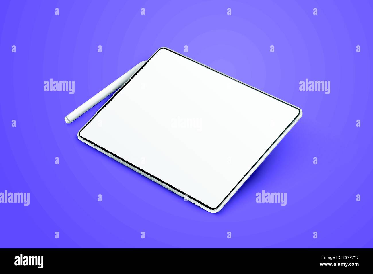 Empty tablet and pen on a violet background, rotated position. Device in perspective view ...