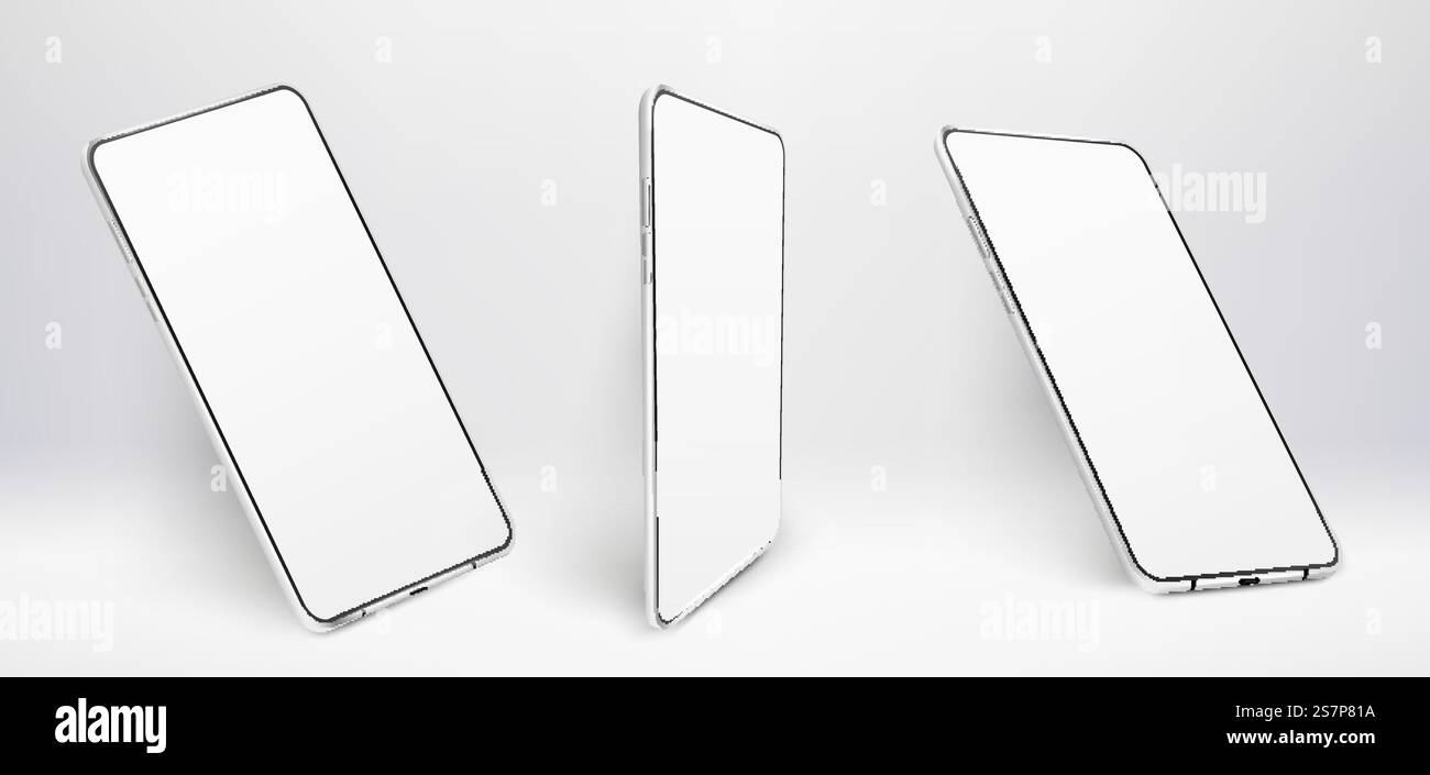 Three white realistic smartphones mockup. 3d mobile phones with blank ...