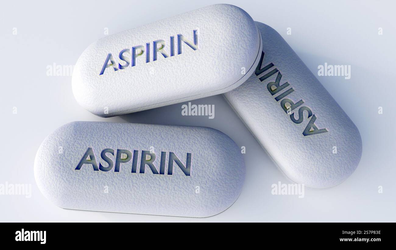 3d rendering of white oblong aspirin tablets are clustered together on ...
