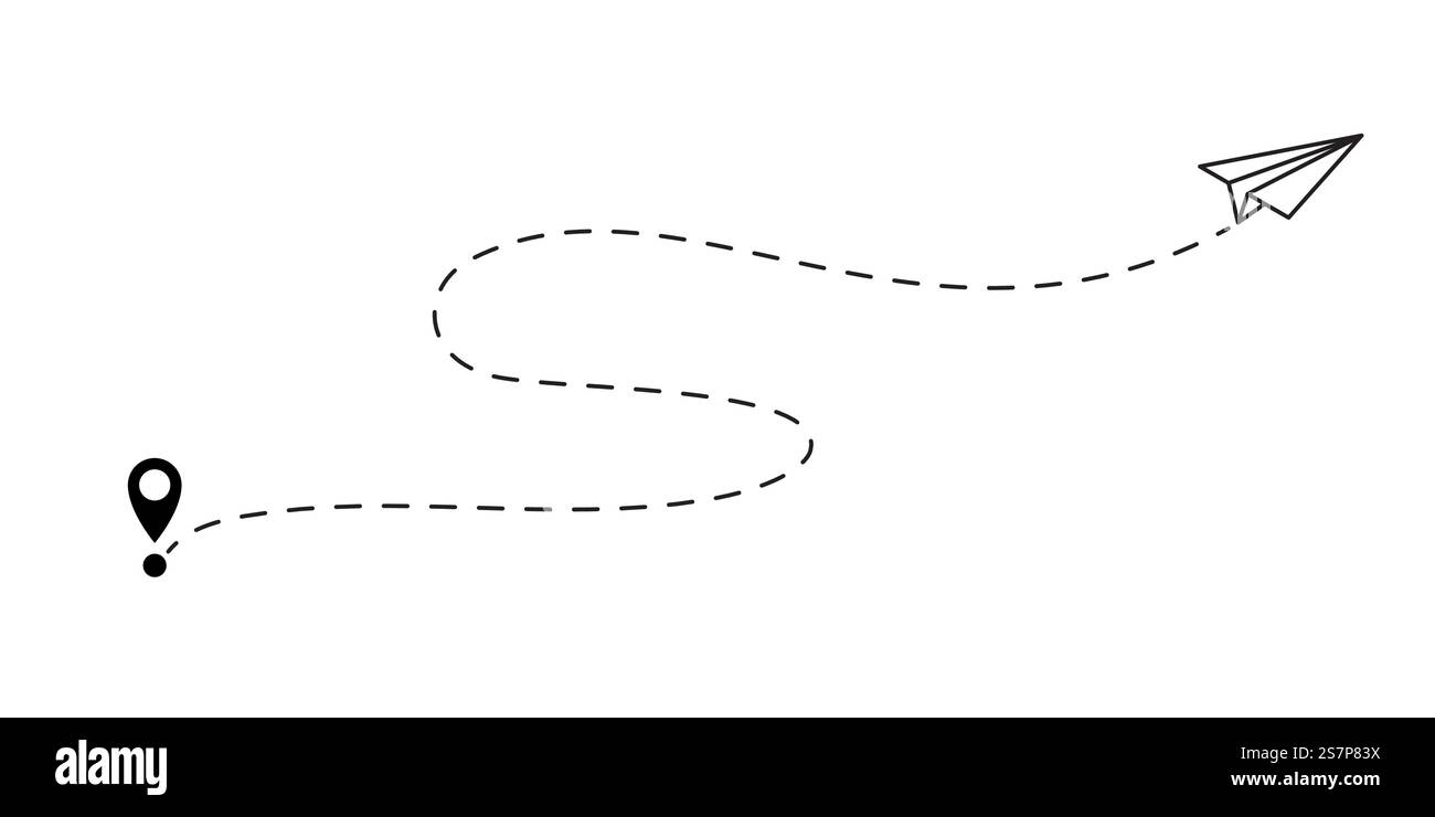 Airplane path with dashed flight route path trace. Vector paper plane ...