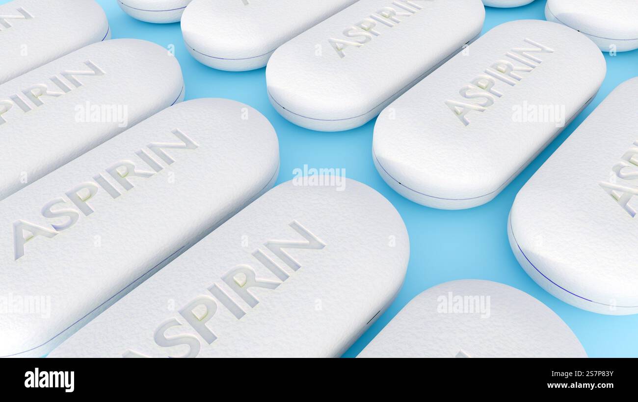 3d rendering of white oblong aspirin tablets are clustered together on ...