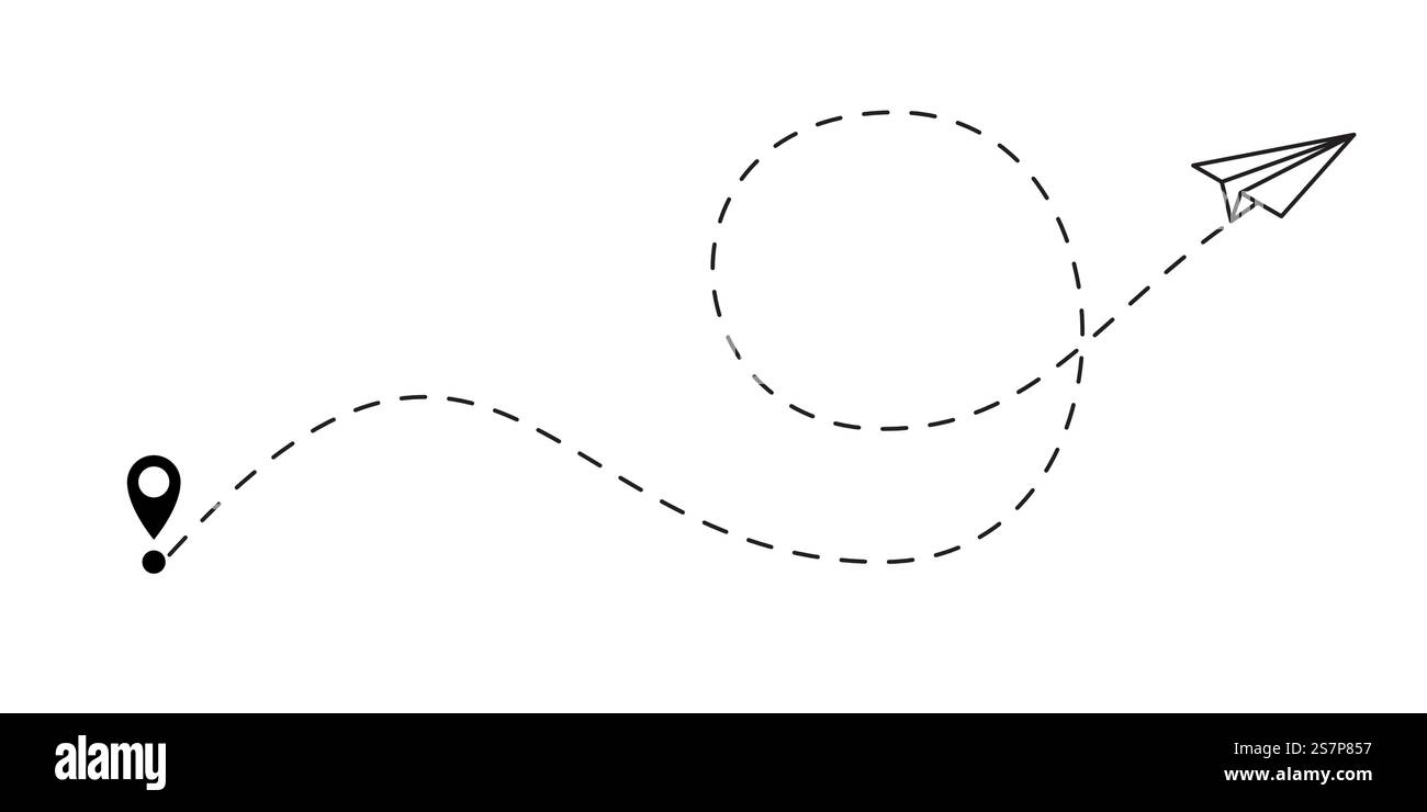 Airplane flight route line path and destination point. Paper plane ...