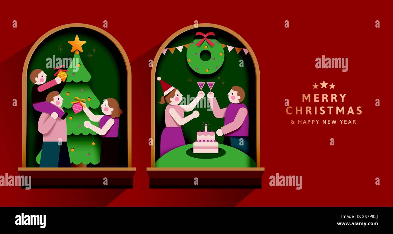 Xmas banner in 3d beautiful retro paper art. Layout of different family ...