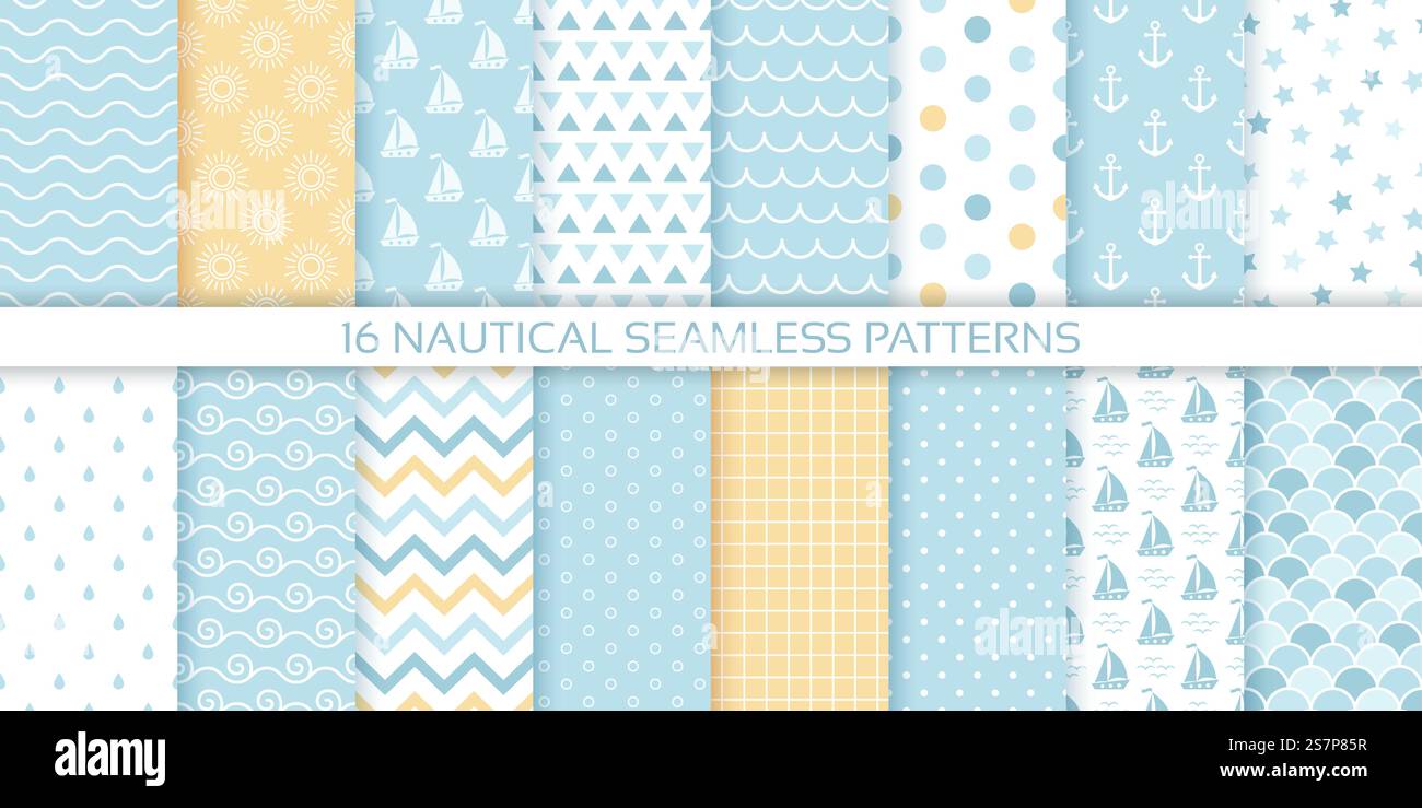 Nautical seamless background. Marine sea patterns. Set blue prints with ...