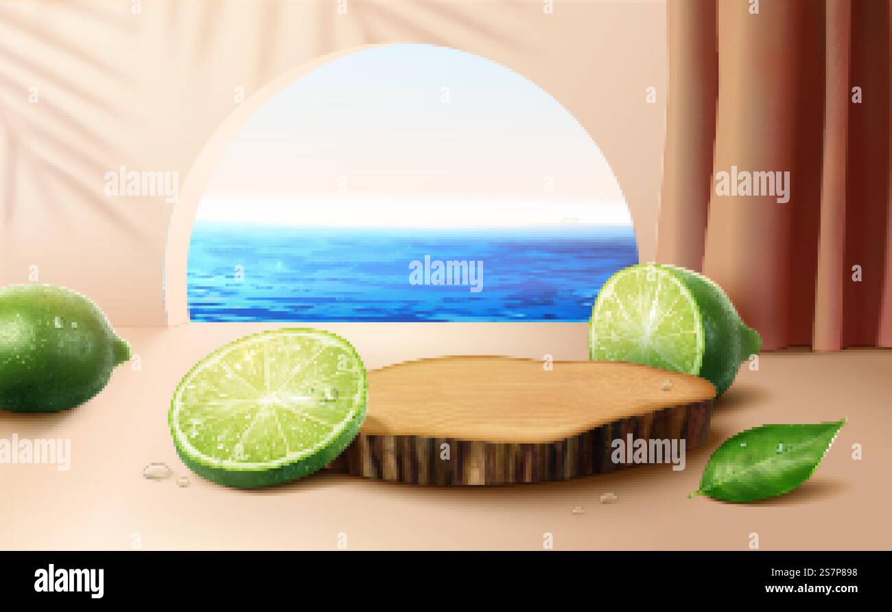 3D Illustration of tree stump stage with cut green lemons on light ...
