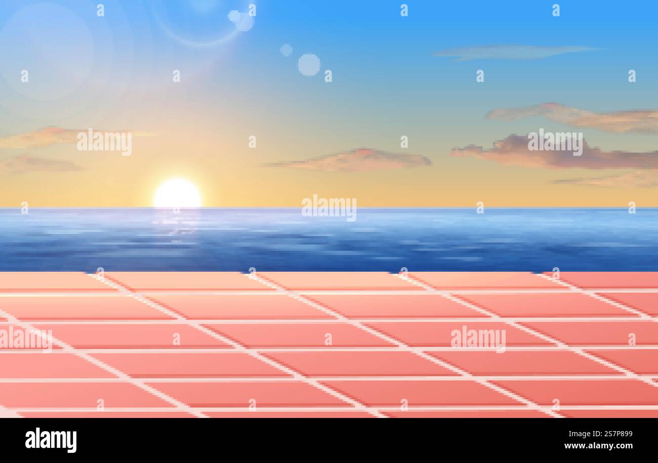 3d beach terrace paved with red tiles at beautiful sunset. Background ...