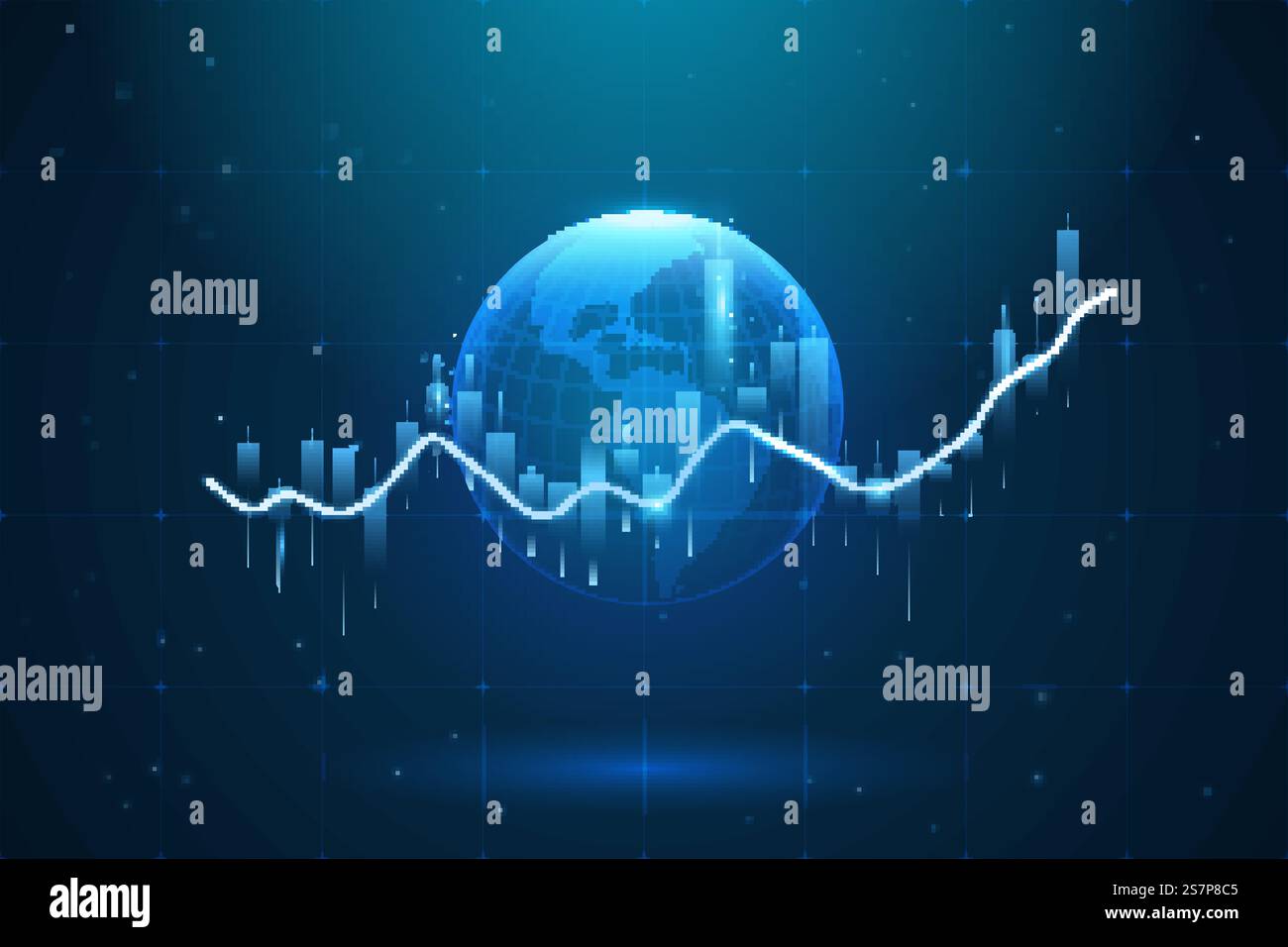 Hi-tech hologram of planet Earth with glowing vector chart of investment financial data. Graph ...