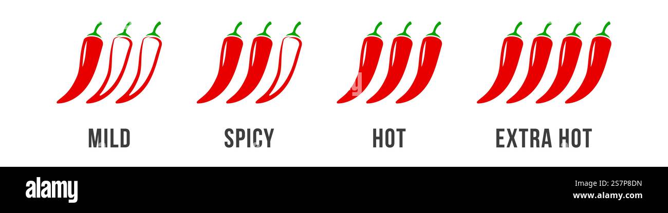 Chili pepper icons, spicy hot level of chilli sauce, vector labels. Chili pepper spicy icons ...