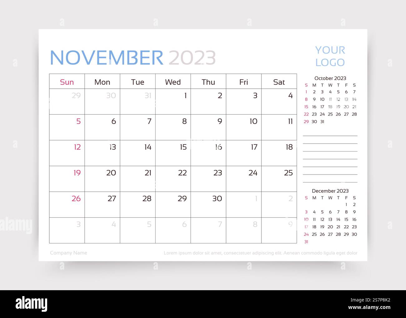 Calendar for November 2023 year. Planner calender template. Week starts ...