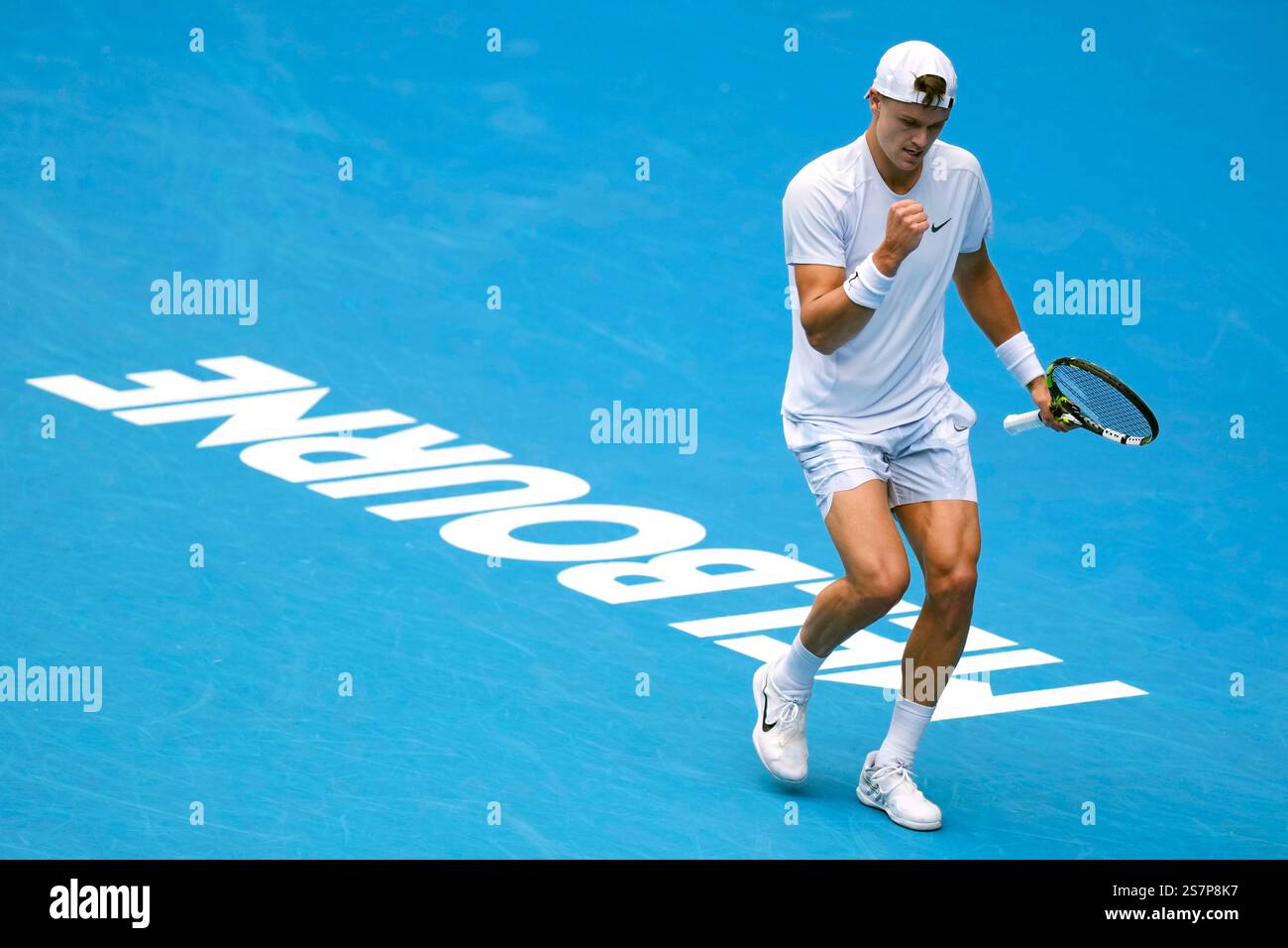 Holger Rune of Denmark reacts during his fourth round match against Jannik Sinner of Italy at ...